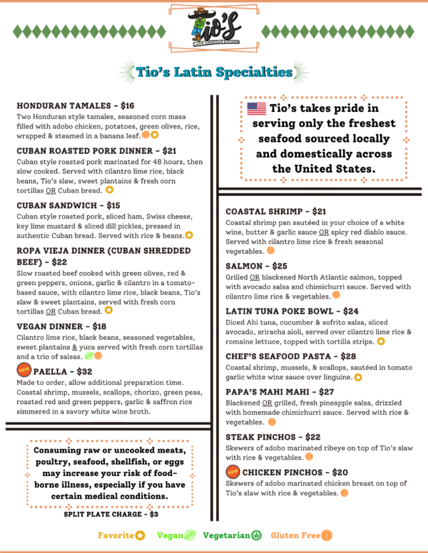 Our Menus – Tio's Latin American Kitchen
