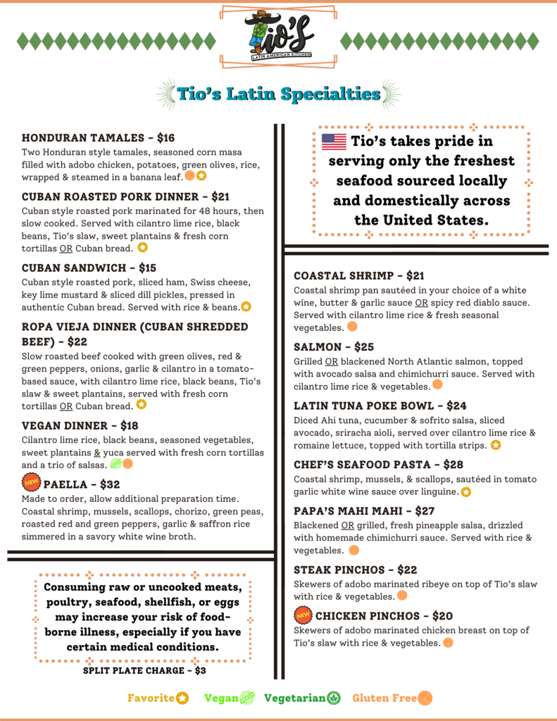 Our Menus – Tio's Latin American Kitchen